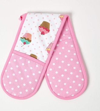Homescapes Doppelter Ofenhandschuh Cup Cakes, rosa weiß ca. 18 x 84 cm, Topfhandschuh doppelt aus 100% reiner Baumwolle mit Polyesterfüllung, waschbarer Doppel-O