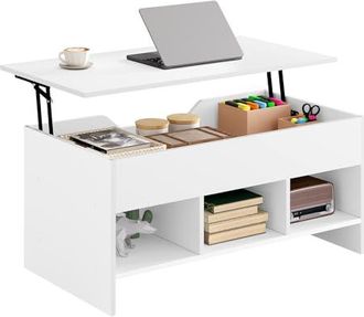 Woltu Table Basse Relevable, Table Basse avec Rangement, 1 Espace de Rangement Cach&eacute; et 3 Compartiments Ouverts, Blanc, Rectangulaire, en Bois dIng&eacute;nierie