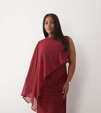 Asos Curve ASOS DESIGN Curve robe longue drap&eacute;e &agrave; manches chauve-souris asym&eacute;trique &agrave; une manche bordeaux-Rouge