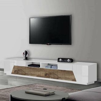 Dmora TV-Schrank Gregorio, niedriges Wohnzimmer-Sideboard mit 4 T&uuml;ren, Fernsehst&auml;nder-Basis, 100 % Made in Italy, 260 x 43 x 46 cm, gl&auml;nzendes Wei&szlig; und Ahor