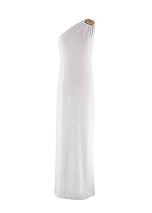 Elena Makri White One Shoulder Maxi Dress with Gold Shell Detail Size S
