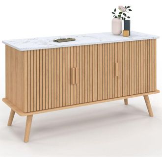 IDMarket Buffet 110 cm JULIETTE plateau effet marbre 3 portes lattes tasseau bois coloris ch&ecirc;ne