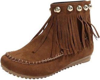 Generic Bottines pour femme - Coupe large - Avec franges - Style décontracté et élégant - Fermeture éclair dans le dos - Confortables - Talon plat - Antidérap