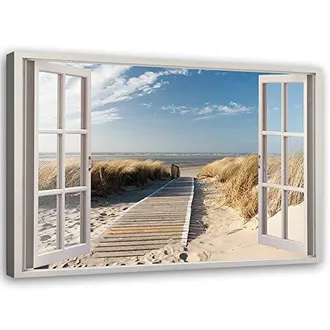 Feeby Tableau mural - Images pour chambre &agrave; coucher - Vue de fen&ecirc;tre sur mer, plage et paysage - 60 x 40 cm - 1 pi&egrave;ce - Grand tableau de salon - Appartement