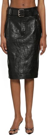 Saint Laurent Belted Pencil Skirt in Creased Leather