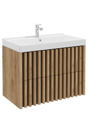 MID.YOU Mid.you Waschtischkombi, Schwarz, Eiche, Holzwerkstoff, 2 Schubladen, 81 cm, h&auml;ngend, Badezimmer, Waschbecken & Armaturen, Waschtische