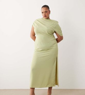 Asos Curve ASOS DESIGN Curve - Robe mi-longue pr&egrave;s du corps &agrave; &eacute;paules tombantes - Sauge-Vert