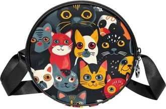 Generic Sac &agrave; bandouli&egrave;re rond rond pour femme, petit sac &agrave; bandouli&egrave;re avec fermeture &eacute;clair, bretelles r&eacute;glables, style d&eacute;contract&eacute;, motif chat abstrait