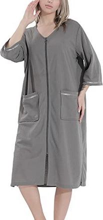 Feoya Robe de Chambre Femme Fermeture Eclair Eté Peignoir de Bain Unisexe Court Manches 3/4 Peignoir avec Poches Femme Gris L/XL