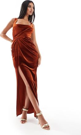 Asos Robe longue en velours avec encolure carrée et jupe drapée - Rouille-Rouge