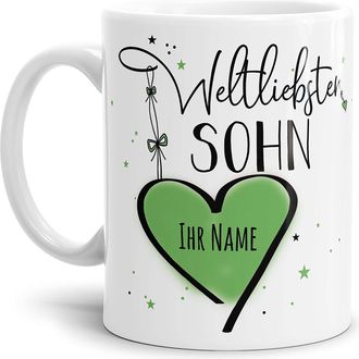 Tassendruck Keramik Tasse - Weltliebster Sohn - zum selbst gestalten mit Name - Geschenk für den besten Sohn - Weiß, 300 ml