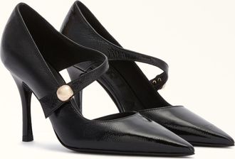 Furla Sfera Mary Jane Nero Schwarz Genarbtes Lackleder Damen