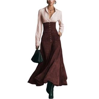 Generic Robe chemise occidentale pour femme, taille haute, en faux daim, patchwork ray&eacute;, haut pour lautomne d&eacute;contract&eacute;, vacances, robe longue &agrave; col en V, bor