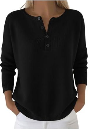 TOMWELL Pull Femme Chaud Couleur Unie Pulls en Tricot Manche Longue Haut Col Rond Bouton Pullover A Noir XL