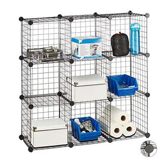 Relaxdays &Eacute;tag&egrave;re modulable grille treillis 9 cubes compartiments DIY m&eacute;tal meuble rangement grillage 30x30 cm, noir