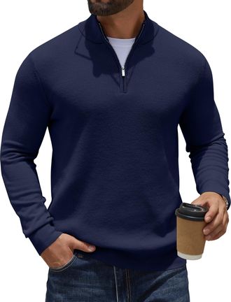 Coofandy Herren Pullover Rei&szlig;verschluss Rollkragenpullover Langarm Strickpullover Pulli Sweater Leichter Winterpullover Blau-Lila XXL