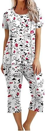Generic Pyjama Femme Ete Coton Sexy Ensemble De Pyjama Femme Pantalon Pyjama Avec Haut Manche Courte Et Pantalon Capri 3/4 Grande Taille Fluide Sleepwear Impr