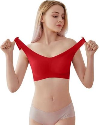 Generic Soutien-gorge sans couture sans armatures pour femme - Soutien-gorge rembourr&eacute; confortable sans armatures - T-shirt doux &agrave; enfiler, Rouge, L