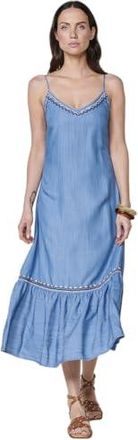 Kor&ouml;shi Robe longue effet denim bleu clair pour femme avec col en V et broderie ethnique de couleur bleu moyen, bleu, X-Small