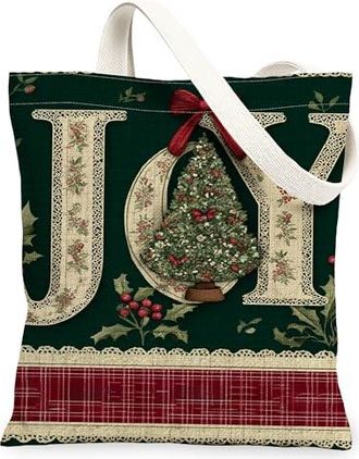 Generic Christmas Joy Sac fourre-tout en toile r&eacute;utilisable Motif arbre floral Sac dhiver vintage l&eacute;ger lavable Bandouli&egrave;re Toile pour voyage 33 x 38 cm