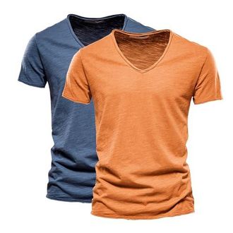 Generic Lot de 2 t-shirts d&eacute;t&eacute; &agrave; col en V pour homme - En coton - L&eacute;g&egrave;rement ajust&eacute; - Manches courtes - Couleur unie - D&eacute;contract&eacute; - Doux et confortable - T-s