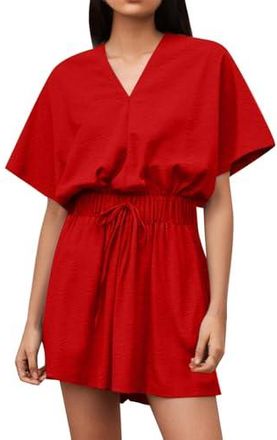 Generic Combinaison d&eacute;t&eacute; pour femme avec col en V et manches courtes - Taille smock&eacute;e - Jambe droite - Combinaison d&eacute;t&eacute; - Grenouill&egrave;re - Tenue de vacances de 