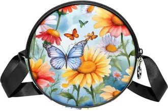 Generic Petit sac &agrave; bandouli&egrave;re circulaire pour femme, motif feuilles florales, sac &agrave; dos avec fermeture &eacute;clair, bretelles r&eacute;glables, sac &agrave; main rond d&eacute;contra