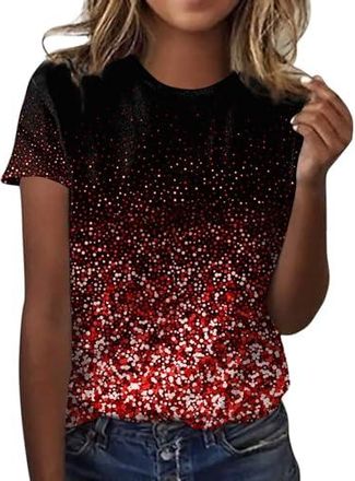 Generic T-shirt ample à col rond et imprimé à paillettes pour femme, Rouge, XXL