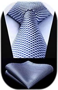 Hisdern Cravate Homme Bleu & blanc Mariage Élégant Cravates et Pochette Plaid Classique Ensemble de Cravate Mouchoir daffaires Fête