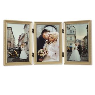Lawrence Frames cadre photo triple, &agrave; charni&egrave;re en laiton antique, 10 x 15 cm, bordure de perles, or satin&eacute;