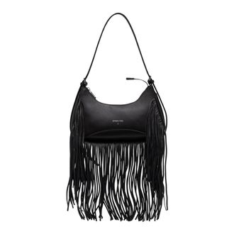 Patrizia Pepe Femme, Sacs, Noir, Taille: ONE Size Sac bandouli&egrave;re en cuir &agrave; franges