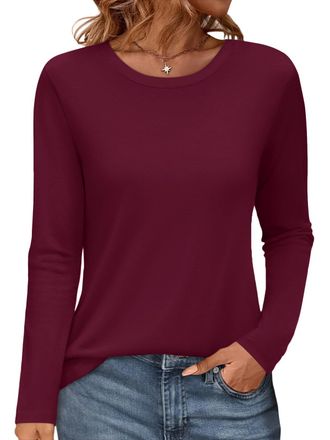 Onsoyours Damen Rundhals Tshirt Langarm Pullover Herbst Winter Oberteile Einfarbig Basic Longshirt Tops A Weinrot XXL