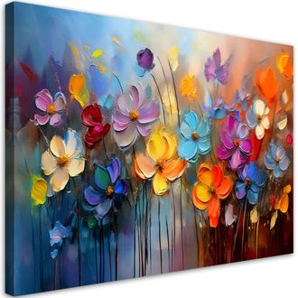 Feeby Wandbild - Wohnzimmer Modern Deko - Bunte gemalte Blumen - 90x60 cm 1tlg - Bilder Leinwand - Bild auf Leinwand Schlafzimmer - Leinwandbilder für die W