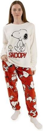 Peanuts Ensemble Pyjama Snoopy cr&egrave;me et Rouge pour Femme, Manches Longues et Jambes Longues | V&ecirc;tement de Nuit Douillet en Polaire avec Motif Id&eacute;al pour se d&eacute;