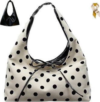 Generic Polka Dot Tote Bag for Women,Slouchy Soft Bow Tie Hobo Bags,Large Capacity Travel Underarm Top-Handle Shoulder Handbag (Black)