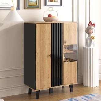 Merax Kommode, Vielseitig Sideboard mit Glas und LED-Beleuchtung, Modern Schrank f&uuml;r Esszimmer Wohnzimmer Schlafzimmer, Holzfarbe, 80L x 40B x 120H cm
