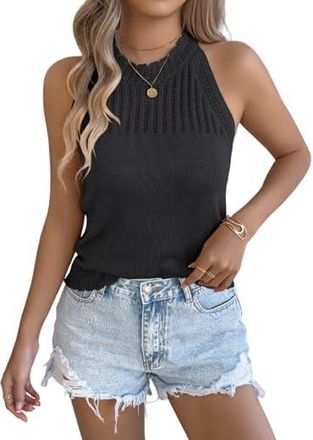 Generic Gilet en tricot dos nu pour femme, d&eacute;bardeur c&ocirc;tel&eacute; ajour&eacute; avec col ondul&eacute; et silhouette ajust&eacute;e pour un style &eacute;l&eacute;gant, Noir, XL