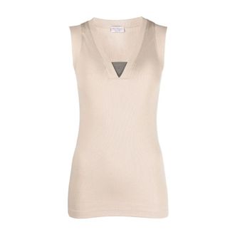 Brunello Cucinelli Femme, Tops, Beige, Taille: 40 FR Top en jersey c&ocirc;tel&eacute;