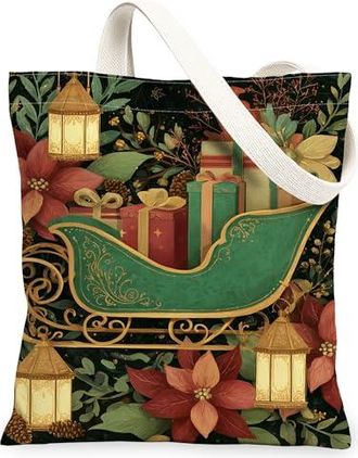 Generic Sacs fourre-tout en toile motif floral de No&euml;l, motif poinsettia, sacs d&eacute;picerie, sacs d&eacute;picerie r&eacute;utilisables, en lin vintage, lavable avec bandouli&egrave;