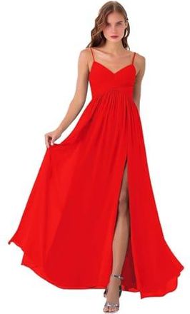 Generic Robe de demoiselle dhonneur en mousseline de soie avec poches et bretelles spaghetti et col en V avec fente, Rouge, 46 Grande taille