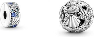Pandora Moments Tropischer Seestern & Muschel Clip-Charm & Offen gearbeitetes Seestern, Muschel und Herzen Charm Silber, 11 x 11 x 9,8 mm