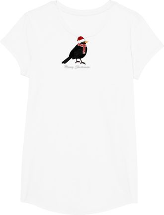 jz.birds Amsel mit Roter Weihnachtsm&uuml;tze Schal Weihnachtsoutfit Vogel T-Shirt