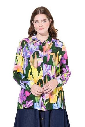 Ulla Popken Femme Grandes Tailles Chemisier &agrave; Manches Longues, col Chemise et Motif Iris Vert fonc&eacute; 46+ 834825450-46+