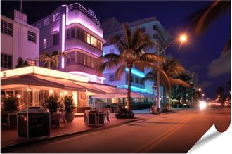 Islandburner XXL Bild Poster Miami Nachtstraße mit Neonlichtern und Palmen für Wohnzimmer Stadtliebhaber Cocktailbar Premium Bilder Fotodruck