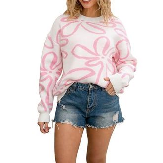 Generic Pull pour femme en tricot c&ocirc;tel&eacute; doux et confortable col rond manches longues coupe ample d&eacute;contract&eacute; pour le quotidien, le style urbain, les rendez-v