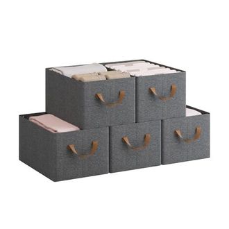 Woltu Boîte de Rangement Pliable, Lot de 5 Paniers de Rangement en Tissu Non-Tissé, avec Poignées, pour Vêtements et Jouets, Gris,37,5x20x26 cm