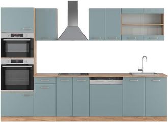 Vicco Cuisine R-Line, Bleu-Gris/Ch&ecirc;ne de Force dor&eacute;, 300 cm avec Armoire Haute, sans Plan de Travail