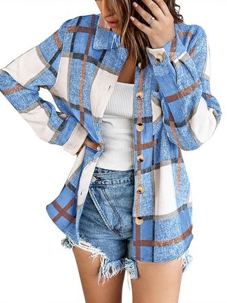 Zeagoo Flanell Hemdbluse Damen Karierte Hemdjacke Karo Hemd Bluse Langarm Shacket mit Taschen Blusenjacke Knopfleiste &Uuml;bergangsjacke Westernhemd Herbst Winte