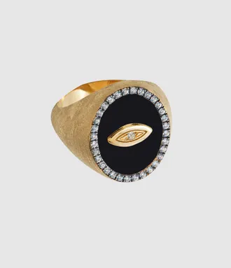 Feidt Paris Chevalière OEil Émail Noir Saphirs Or Jaune