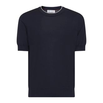 Brunello Cucinelli Homme, Pulls, Bleu, Taille: S Pull Bleu &agrave; Col Rond et Manches Courtes